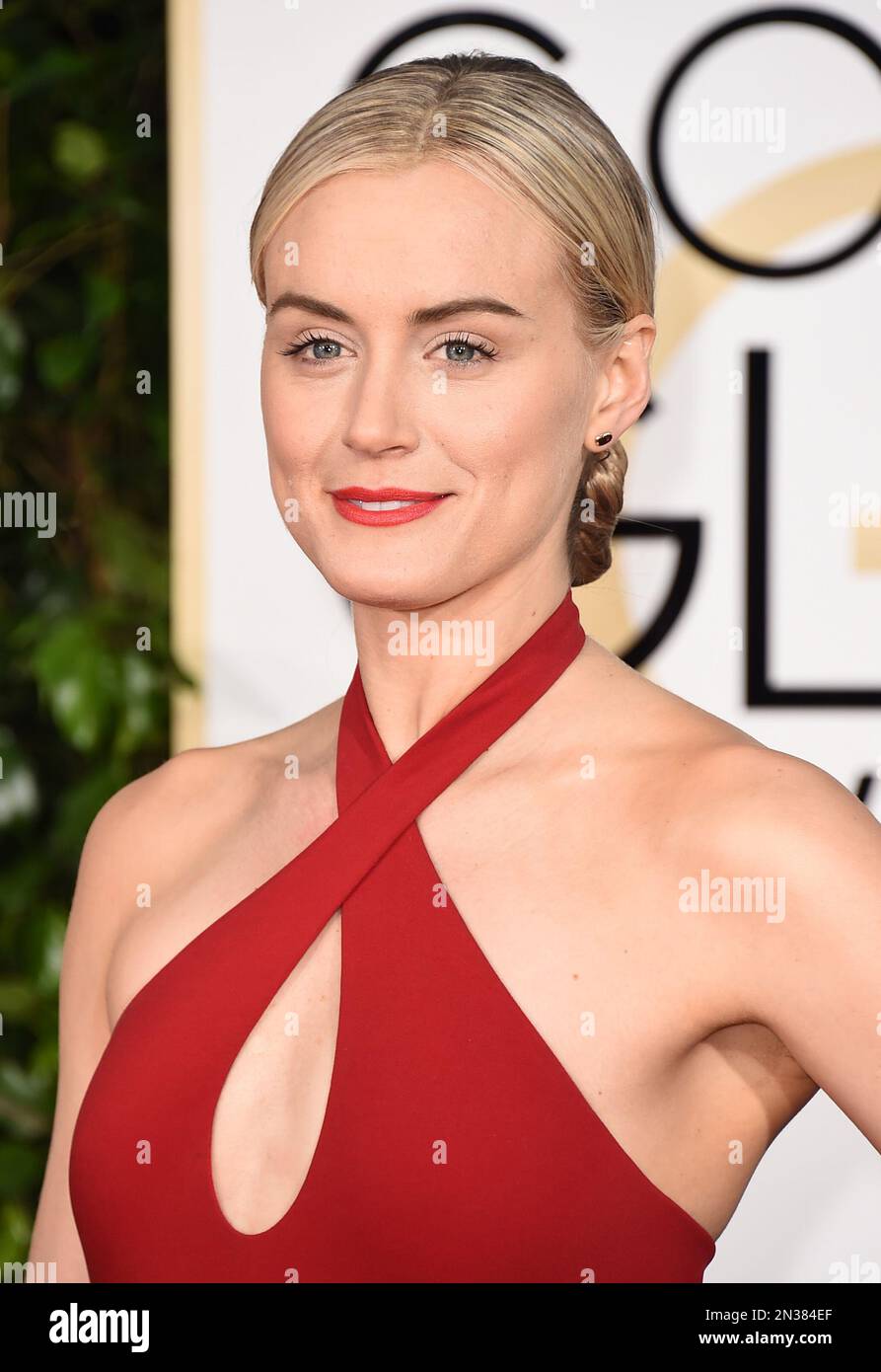 Taylor Schilling arrives at the 72nd annual Golden Globe Awards at the ...