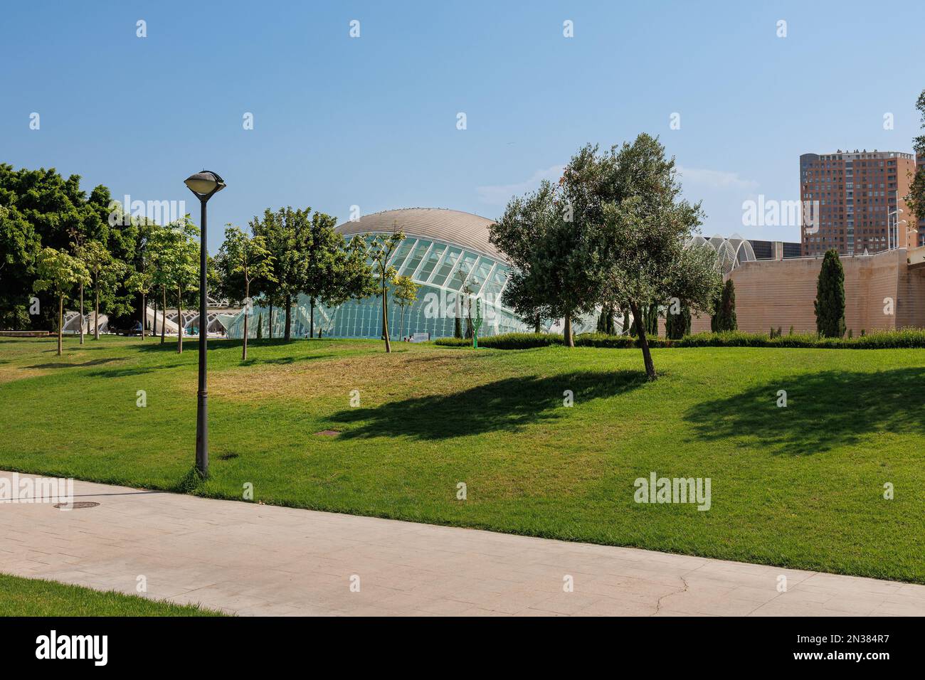 View of Hemisferic Cinema Modern Building in Valencia from Turia Park ...