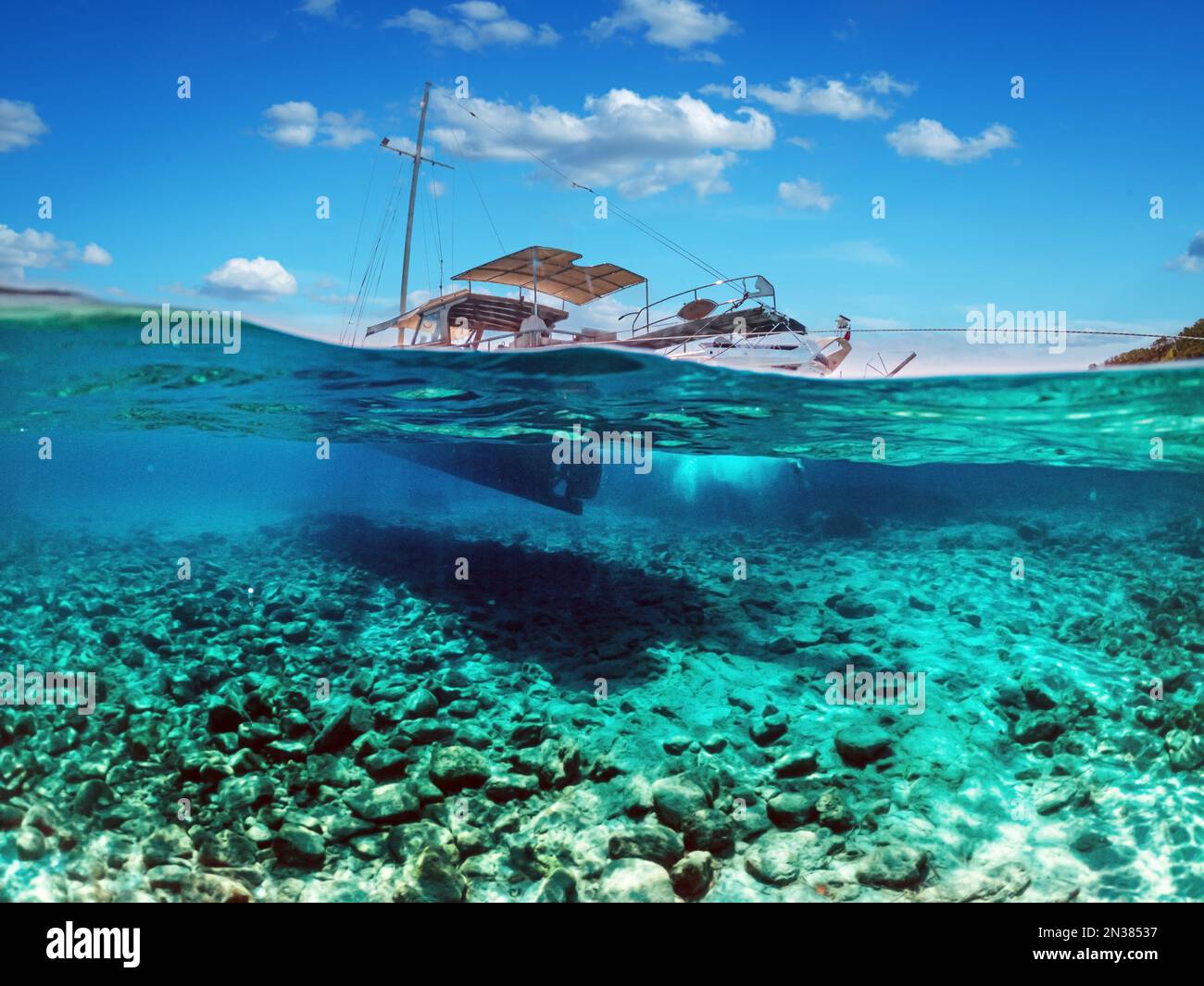 Split view - half underwater view of beautiful seabed with sea fishes ...