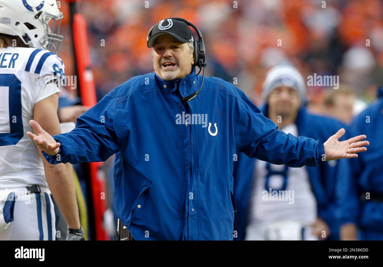 Indianapolis Colts head coach Chuck Pagano yells to the officials ...