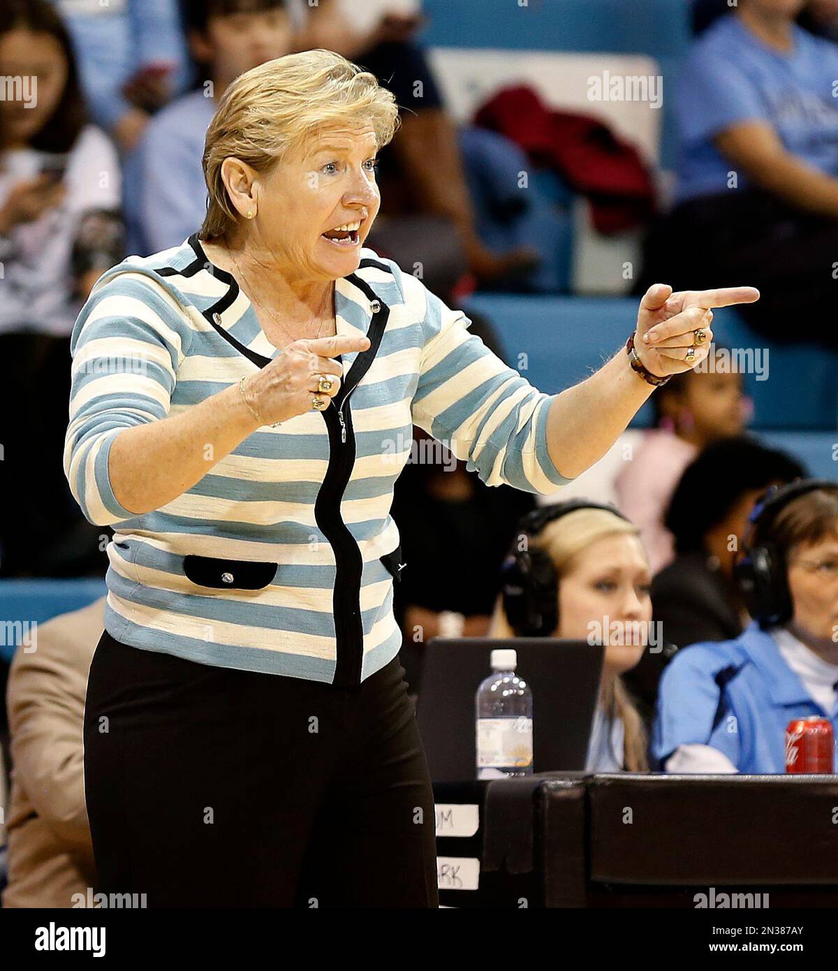North Carolina head coach Sylvia Hatchell instructs her team during the ...