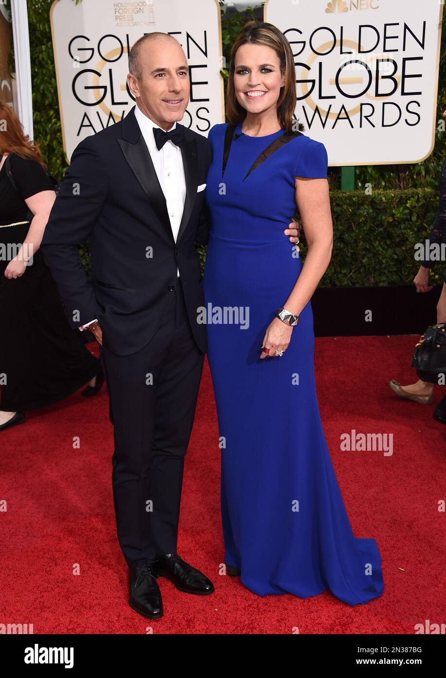 Matt Lauer, left, and Savannah Guthrie arrive at the 72nd annual Golden ...