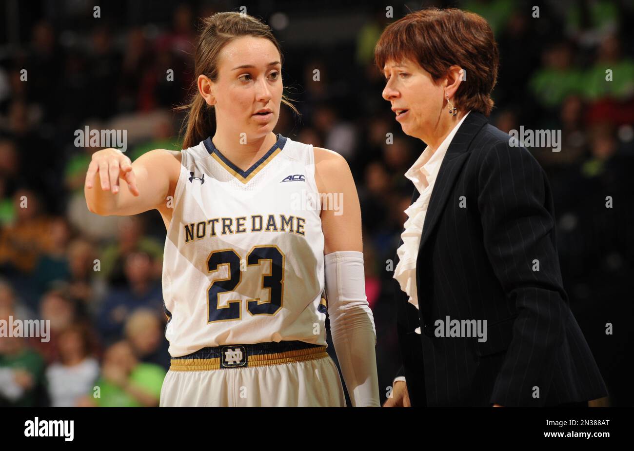 Notre Dame guard Michaela Mabrey talks with head coach Muffet McGraw in ...