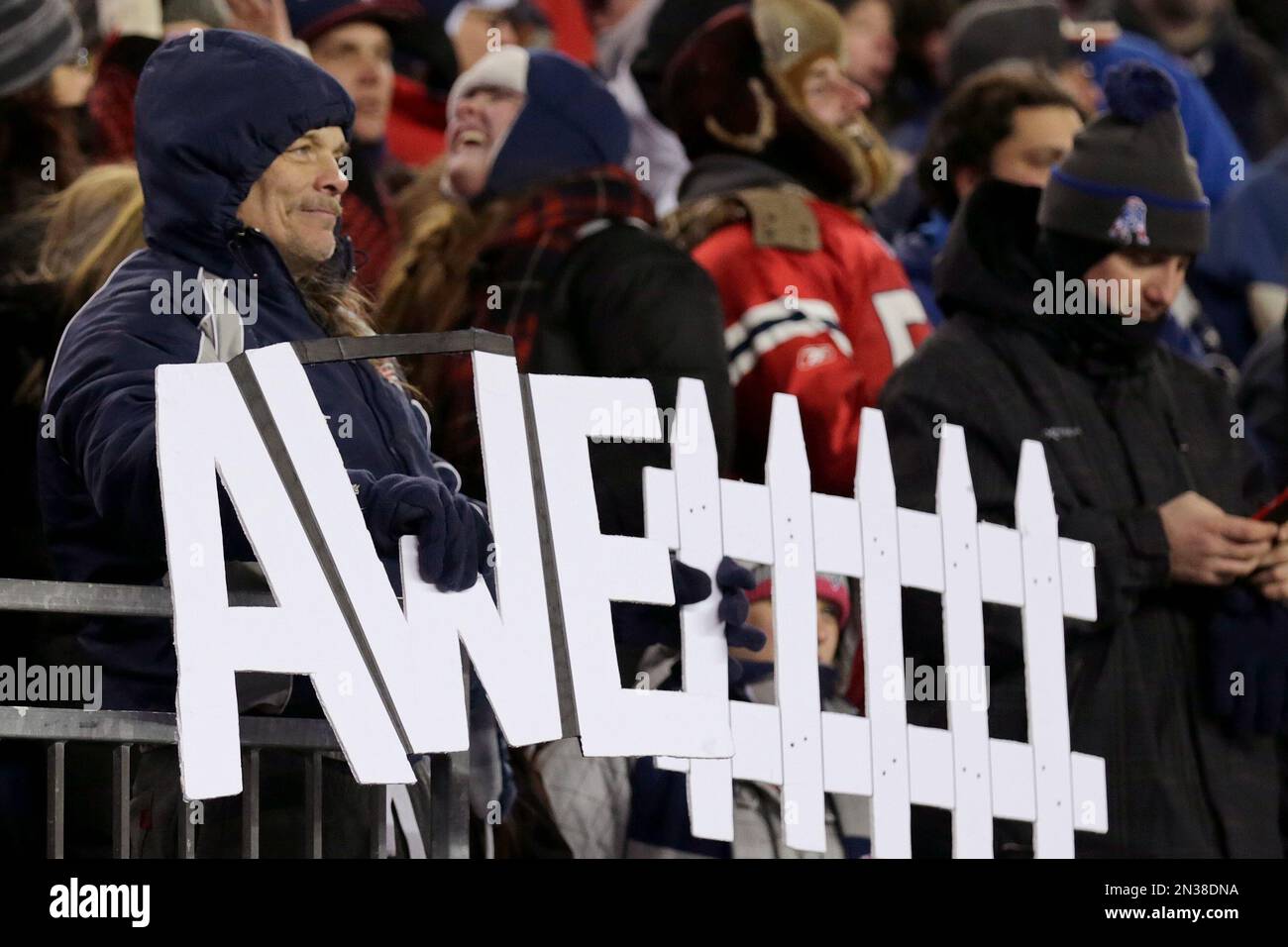 New England Patriots fans with offense sign in the second half of an ...
