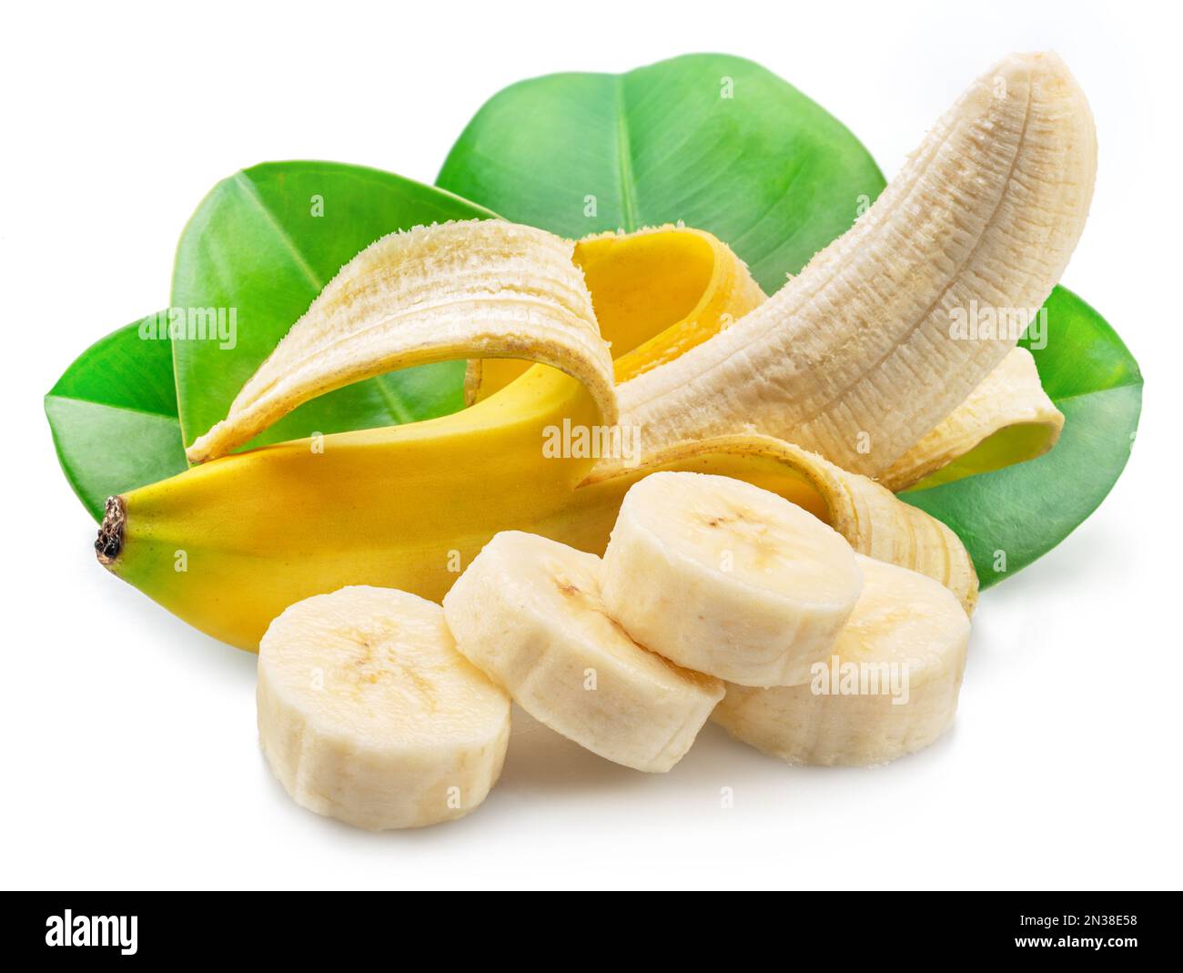 Peeled ripe yellow banana, banana cuts and leaf isolated on white ...
