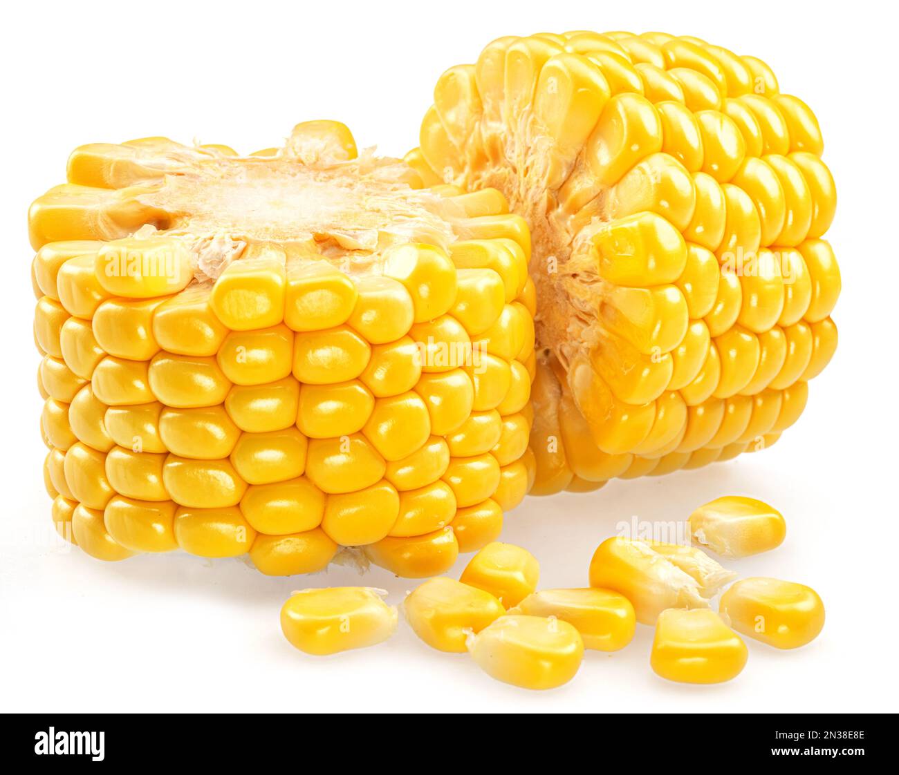 Pieces of maize cob or corn cob and corn seeds isolated on white ...