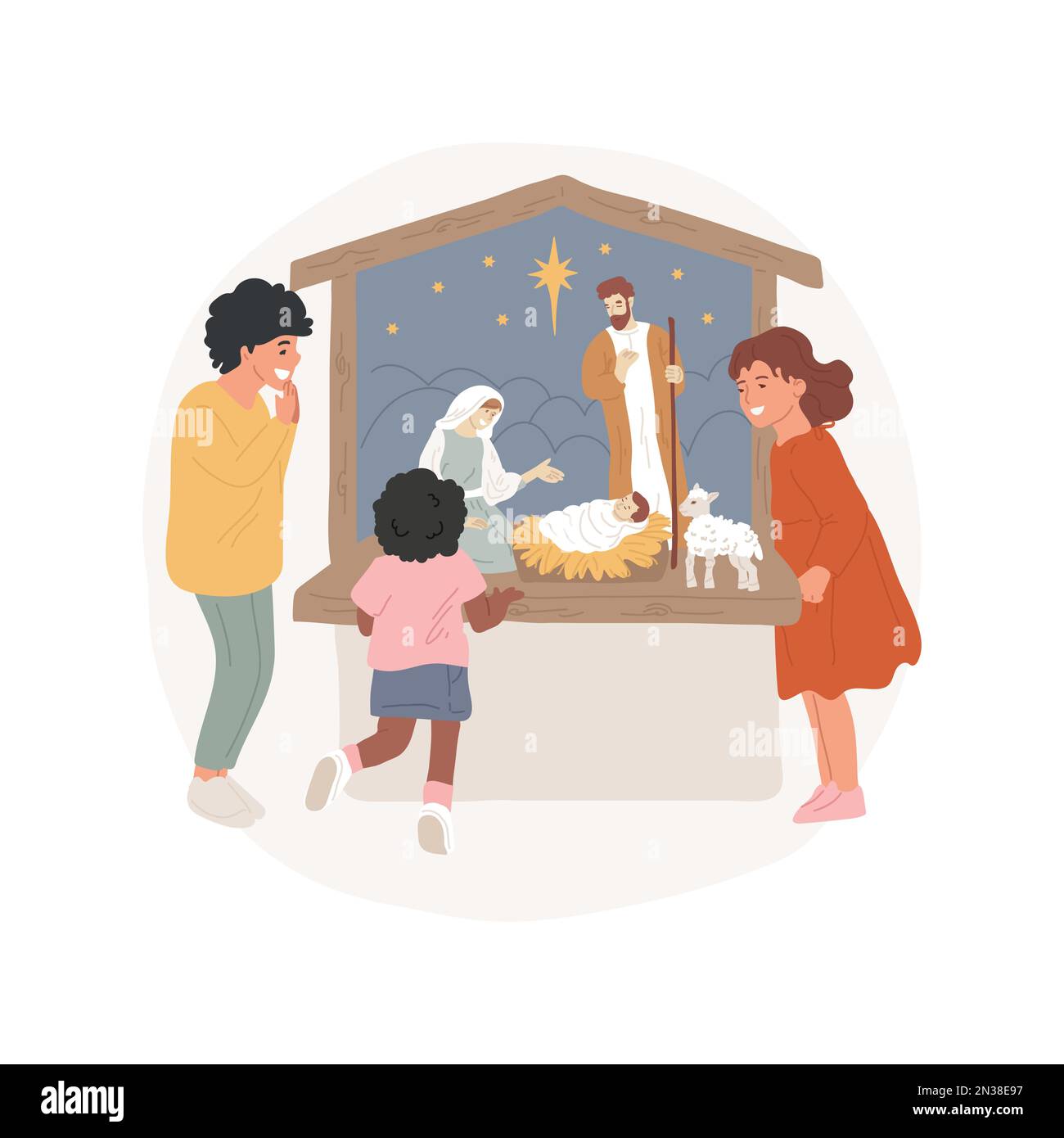 Nativity scene isolated cartoon vector illustration. Group of little kids enjoying nativity ...