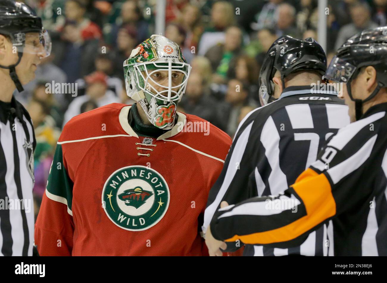 Minnesota Wild goalie Niklas Backstrom talks with referees during the ...