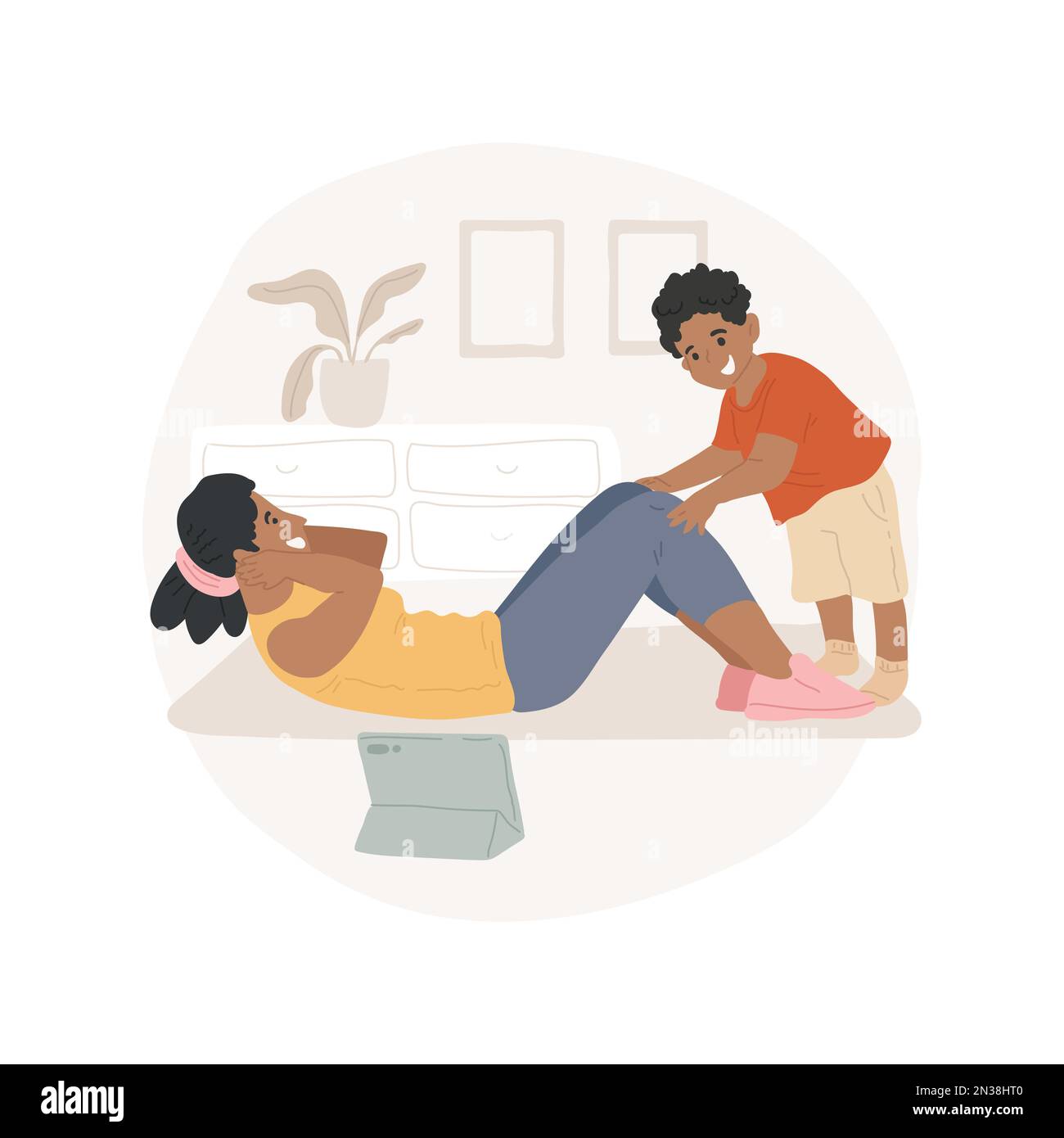 Home fitness isolated cartoon vector illustration. Young mom and kid doing crunches at home ...