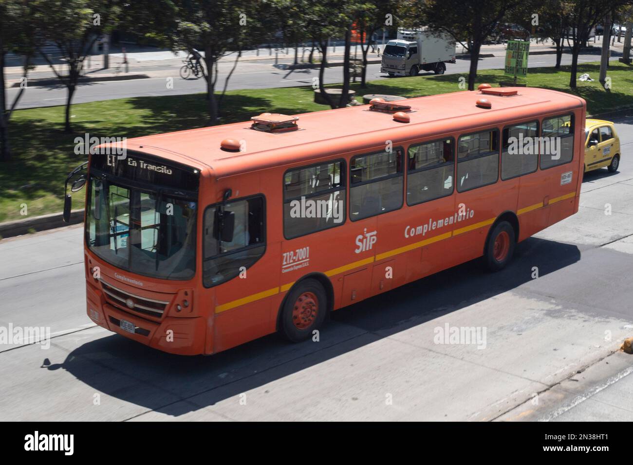 BOGOTA, COLOMBIA - An orange SITP bus transiting at north highway ...