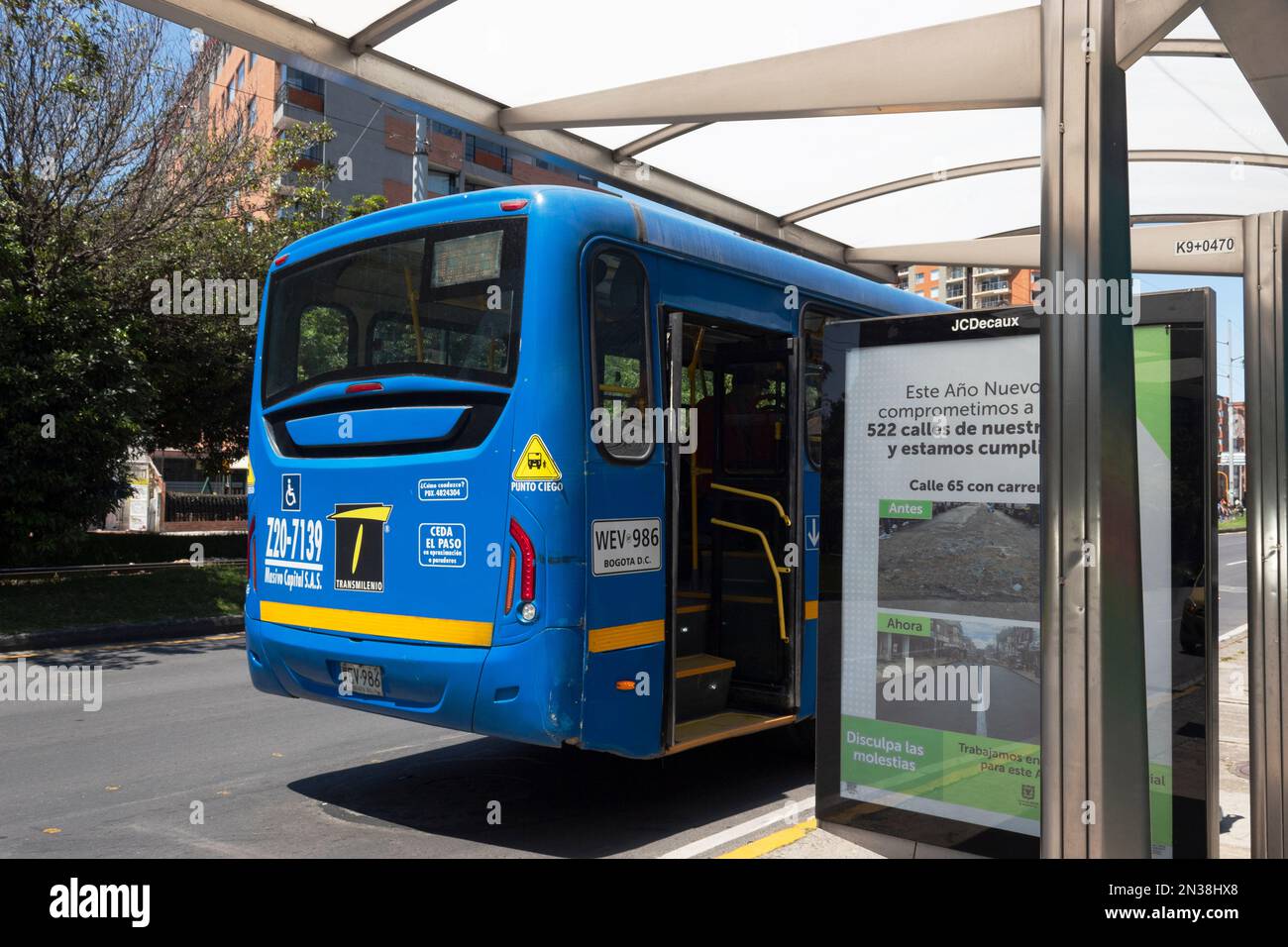 BOGOTA, COLOMBIA - Back door of a blue SITP bus massive transportation ...