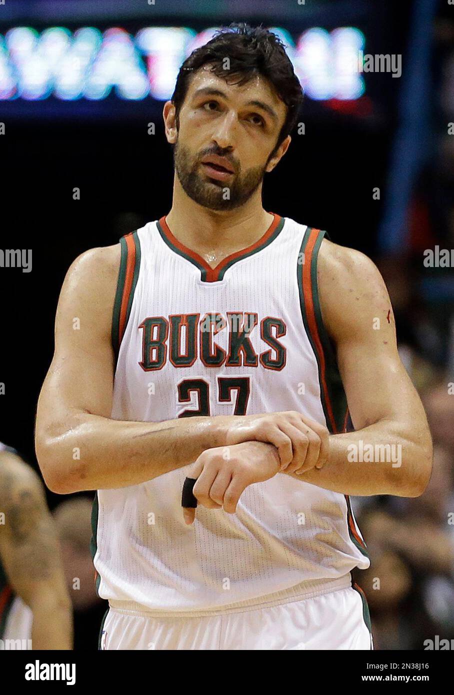 Milwaukee Bucks' Zaza Pachulia reacts to a foul call during an NBA ...