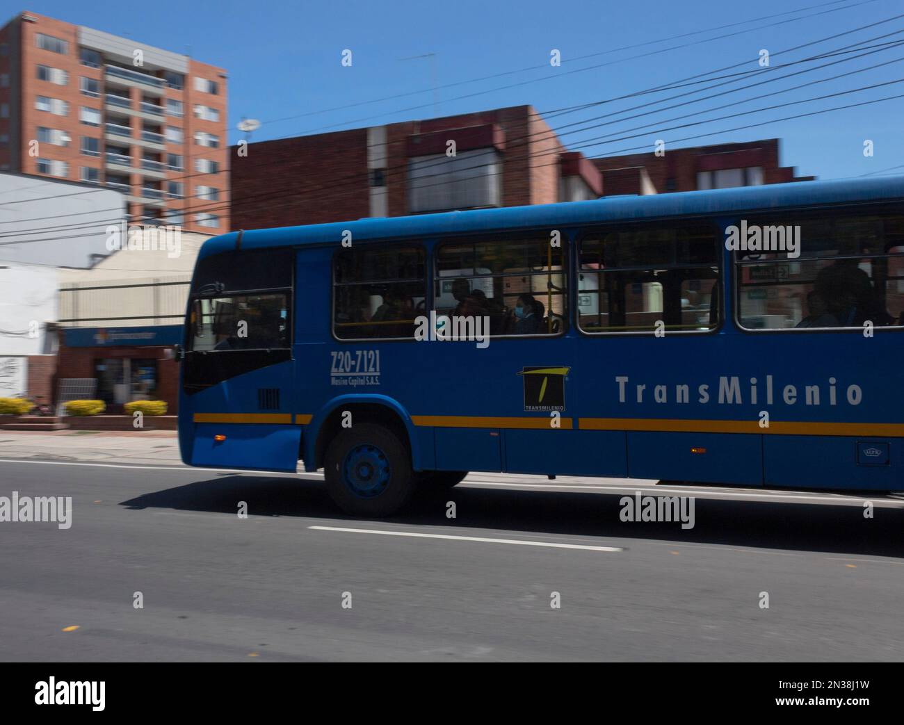 BOGOTA, COLOMBIA - SITP massive transportation system bus in movement ...