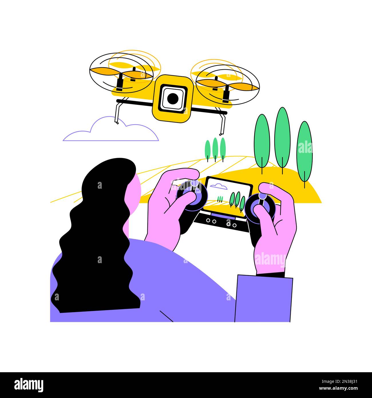 Drone filming isolated cartoon vector illustrations. Girl controls ...
