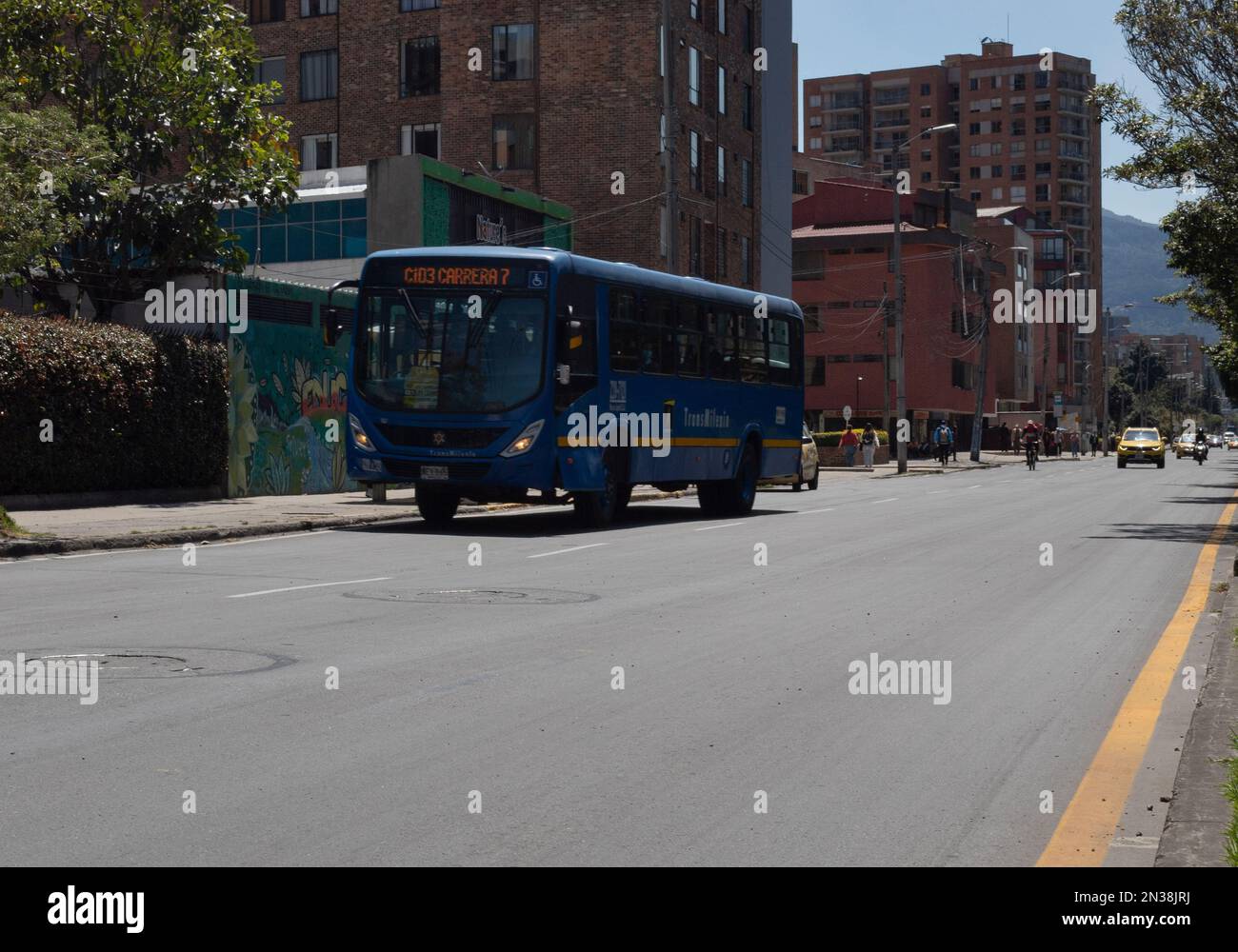 BOGOTA, COLOMBIA - Blue SITP bus transiting over 9th avenue during ...