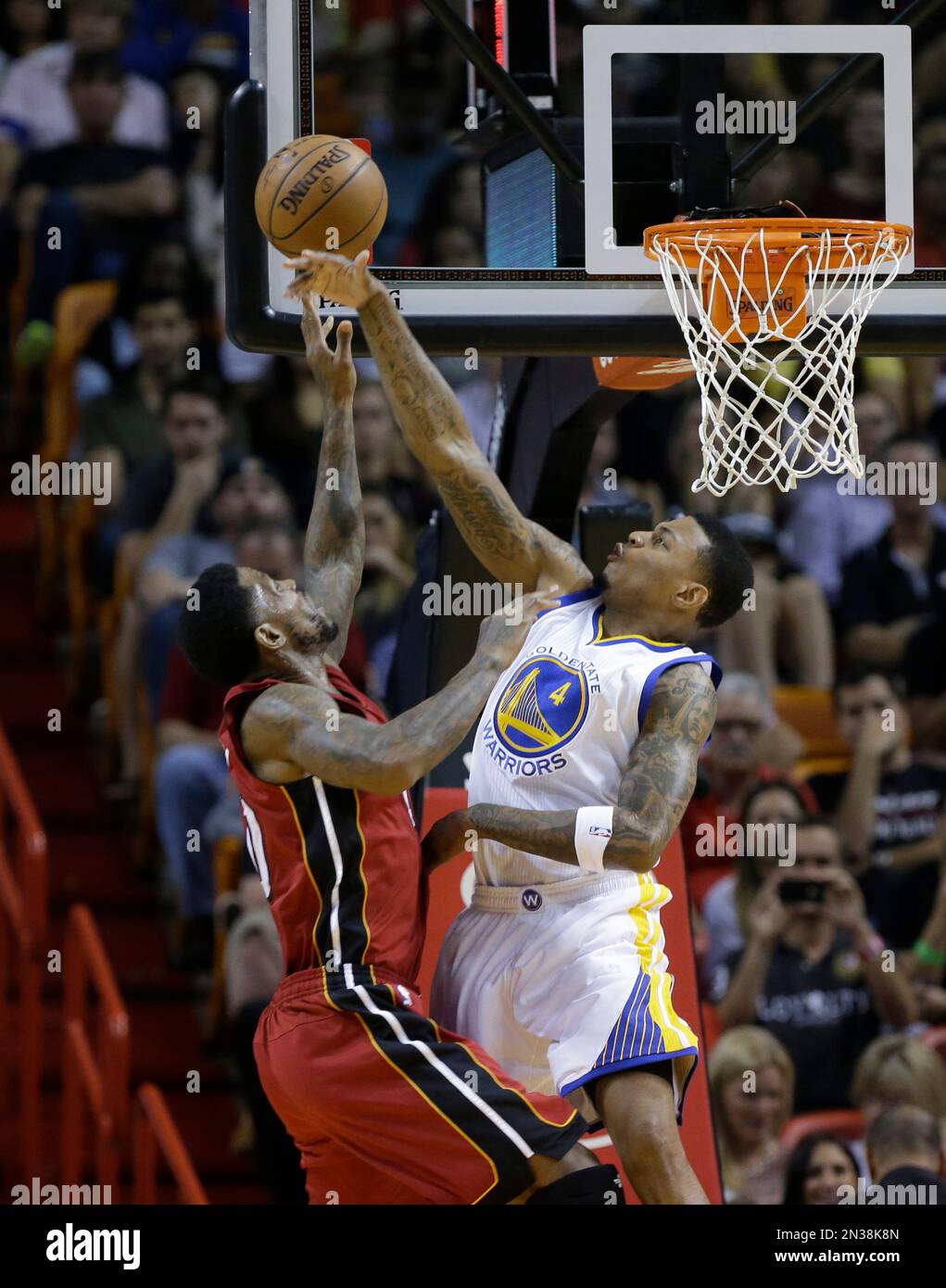 Golden State Warriors guard Brandon Rush (4) blocks a shot by Miami ...