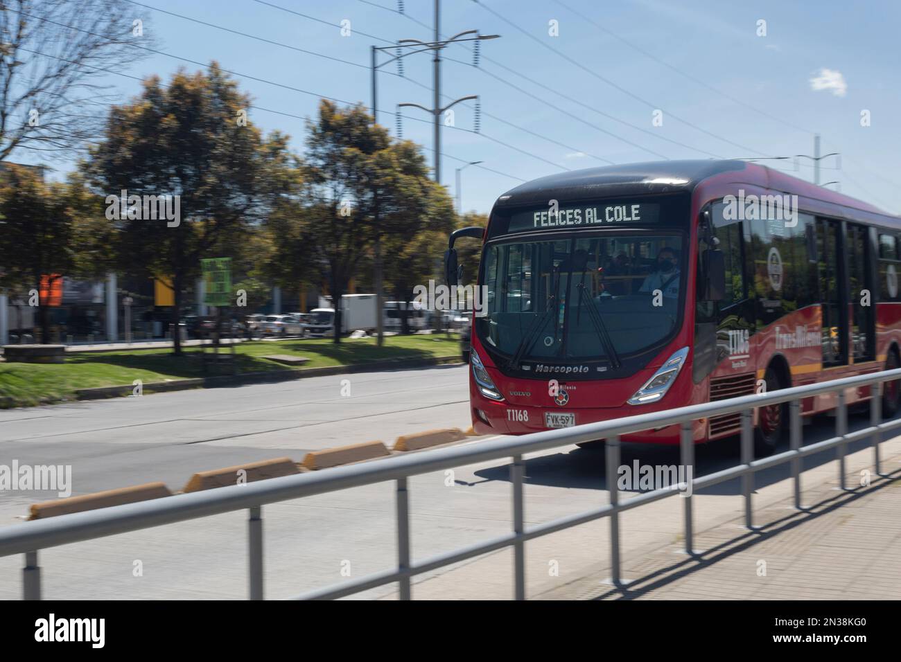 BOGOTA, COLOMBIA - A Transmilenio bus in movement transitin over North ...