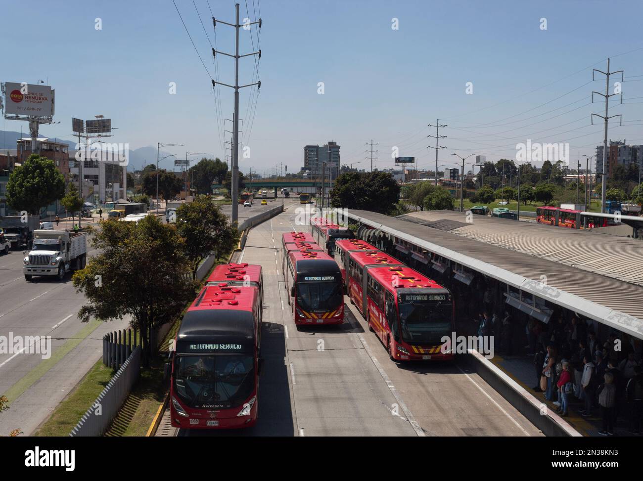 BOGOTA, COLOMBIA - Three Transmilenio bus inside "portal norte" or ...