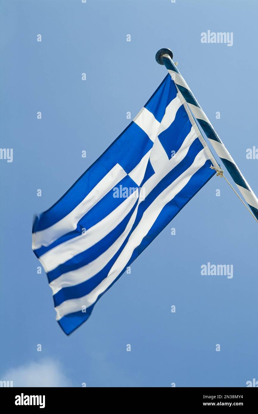 Greek Flag, Oia, Santorini, Cyclades Islands, Greece Stock Photo - Alamy