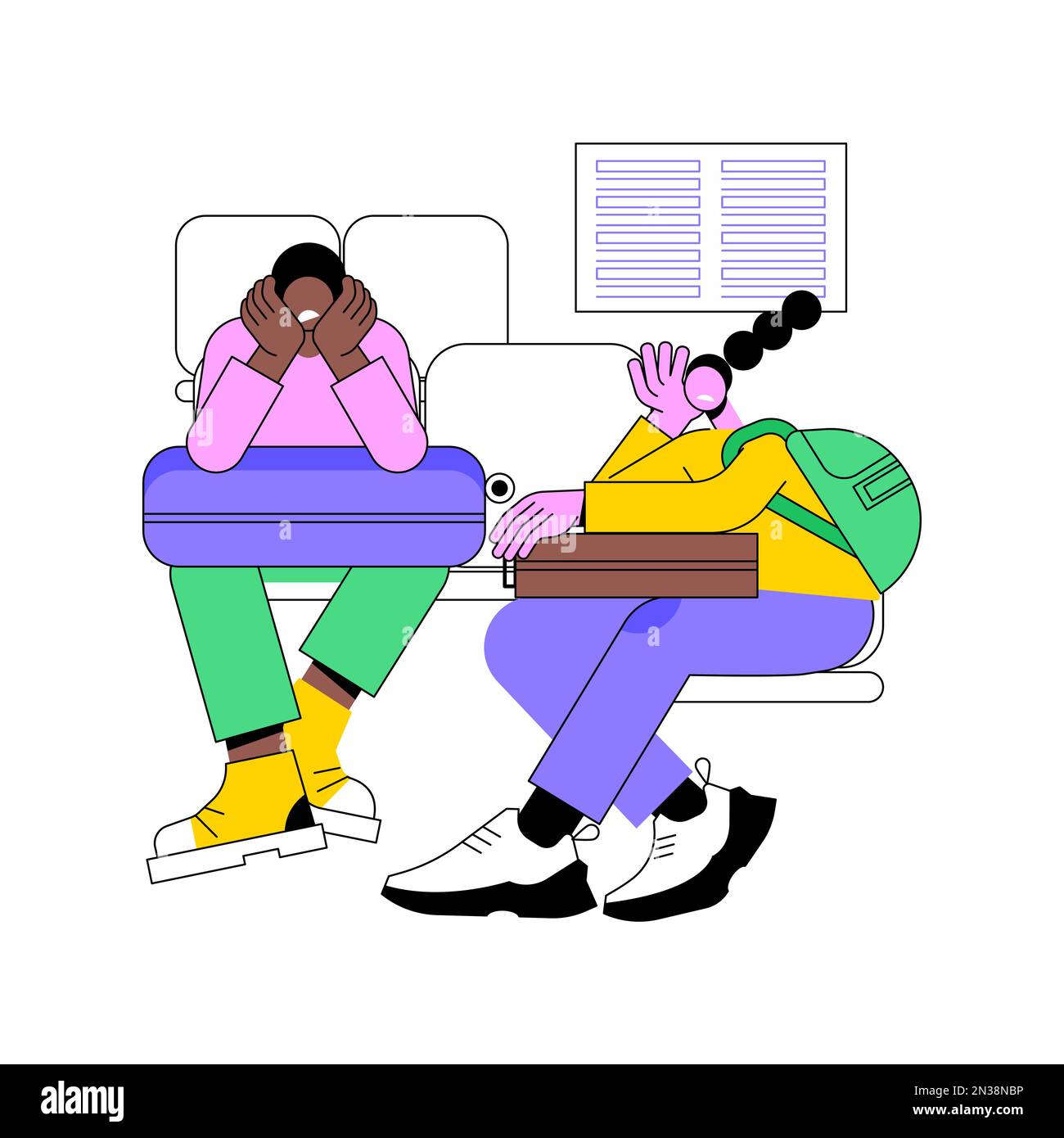 Flight delayed isolated cartoon vector illustrations. Unhappy couple ...