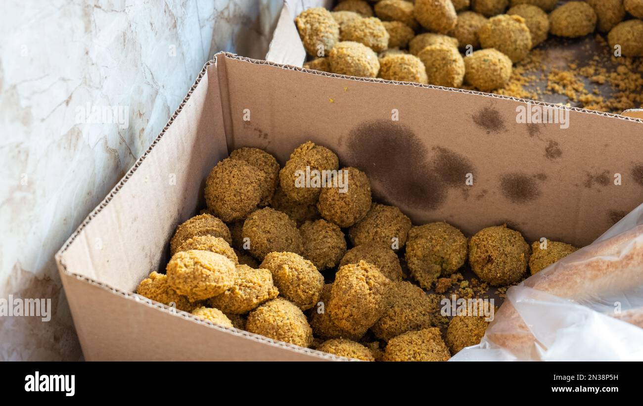 Cardboard Boxes Filled with Freshly Fired Falafels Balls in a Bakery ...