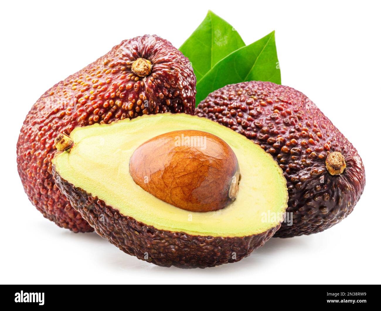 Hass avocado fruits with leaves isolated on white background Stock ...