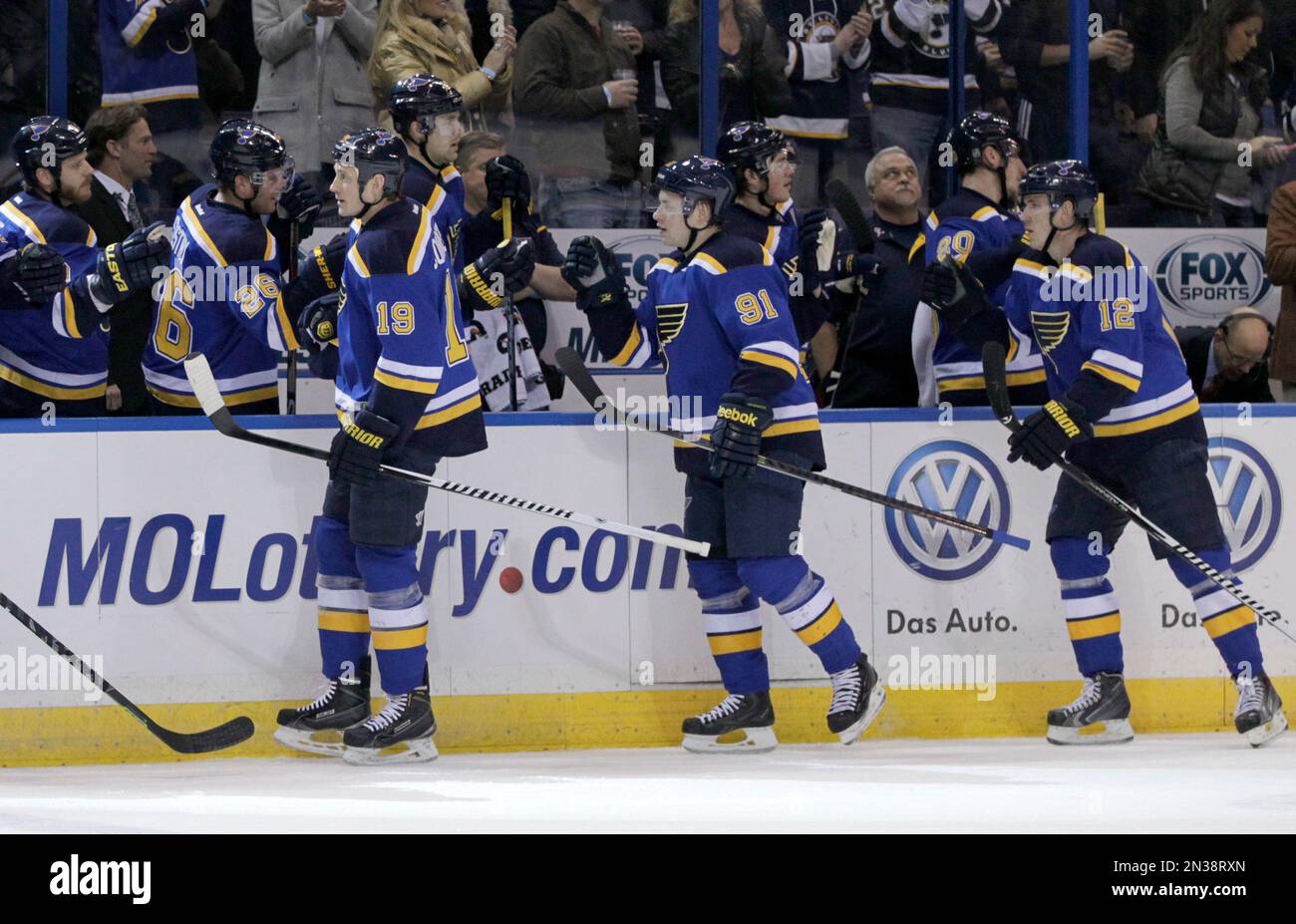 St. Louis Blues' Jay Bouwmeester (19) celebrates with teammates after ...