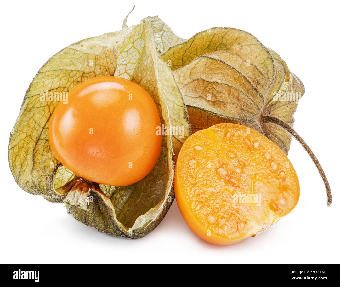 Ripe physalis or golden berry fruits in calyx isolated on white ...