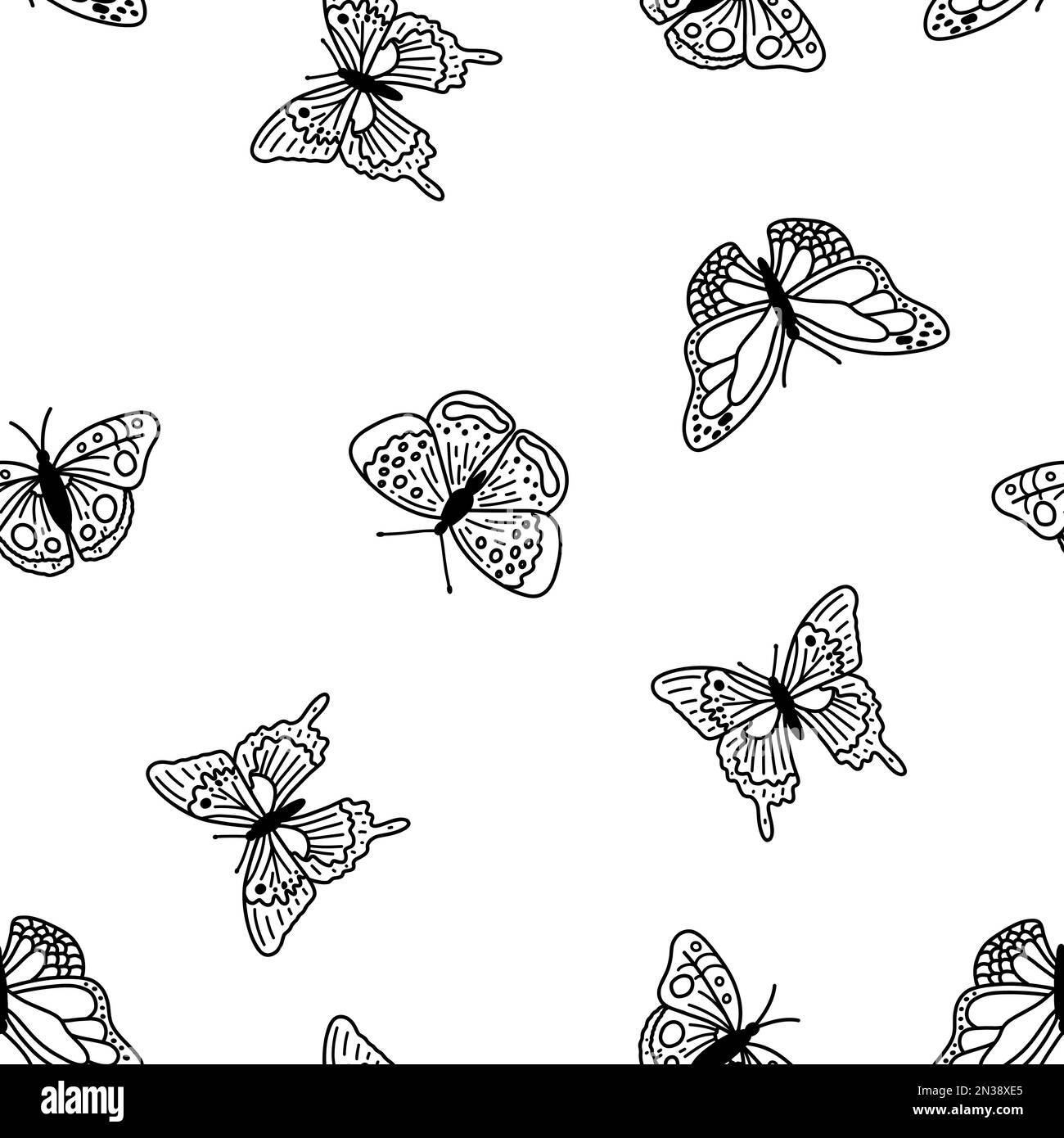 Seamless pattern with doodle butterflies. Hand drawn vector background ...