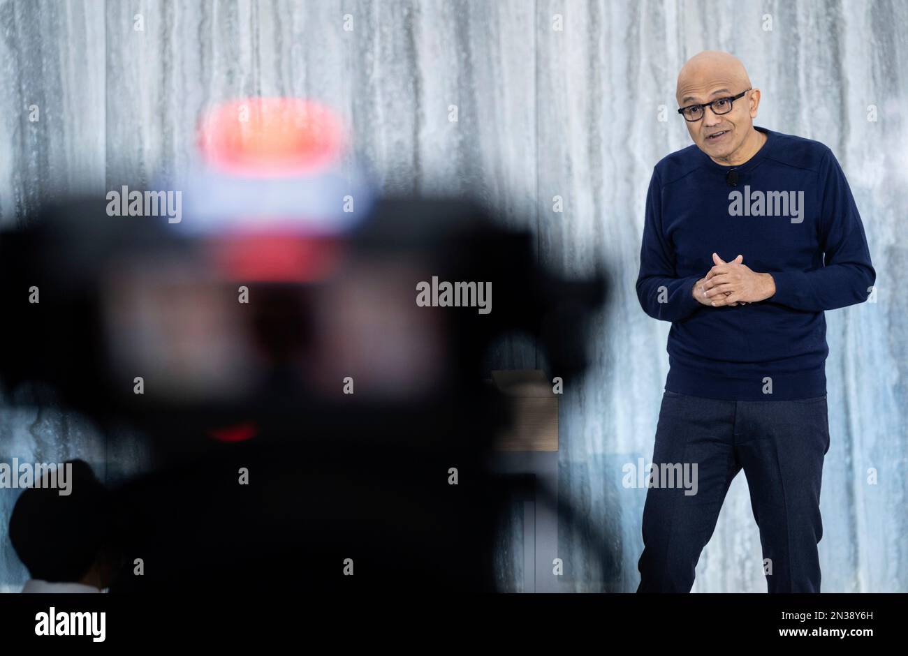 Microsoft CEO Satya Nadella speaks during the introduction of ...