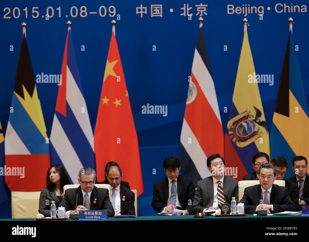 Chinese Foreign Minister Wang Yi, right, speaks as Costa Rican Foreign ...