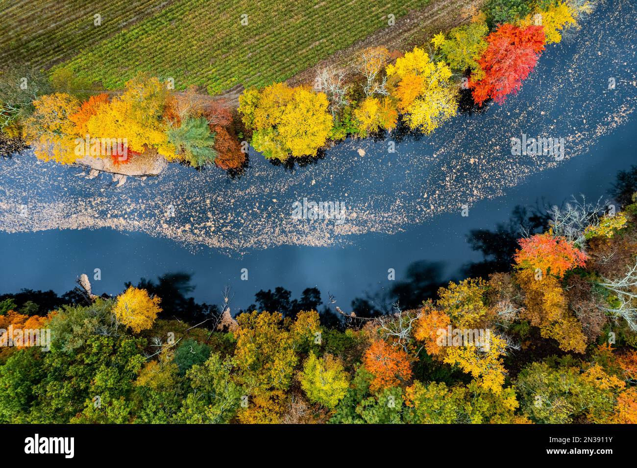 Aerial capture of a Massachusetts river and fall foliage Stock Photo ...