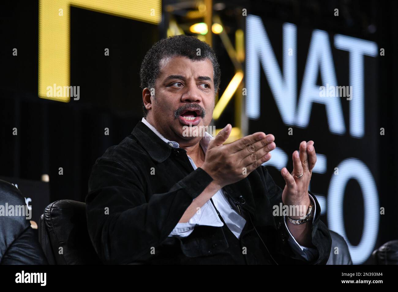 Neil deGrasse Tyson speaks on stage at the National Geographic Channel ...