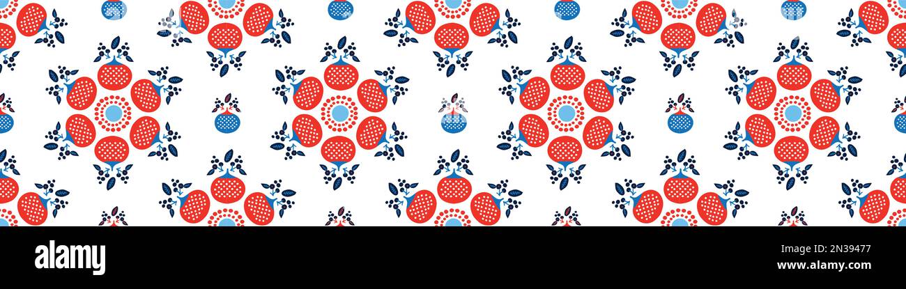 Red and blue folkart quilt vector border. Seamless scandi all over ...