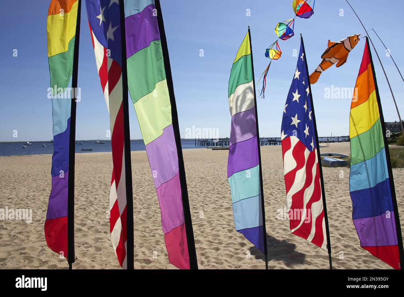 Flags on Beach, Provincetown, Cape Cod, Massachusetts, USA Stock Photo ...