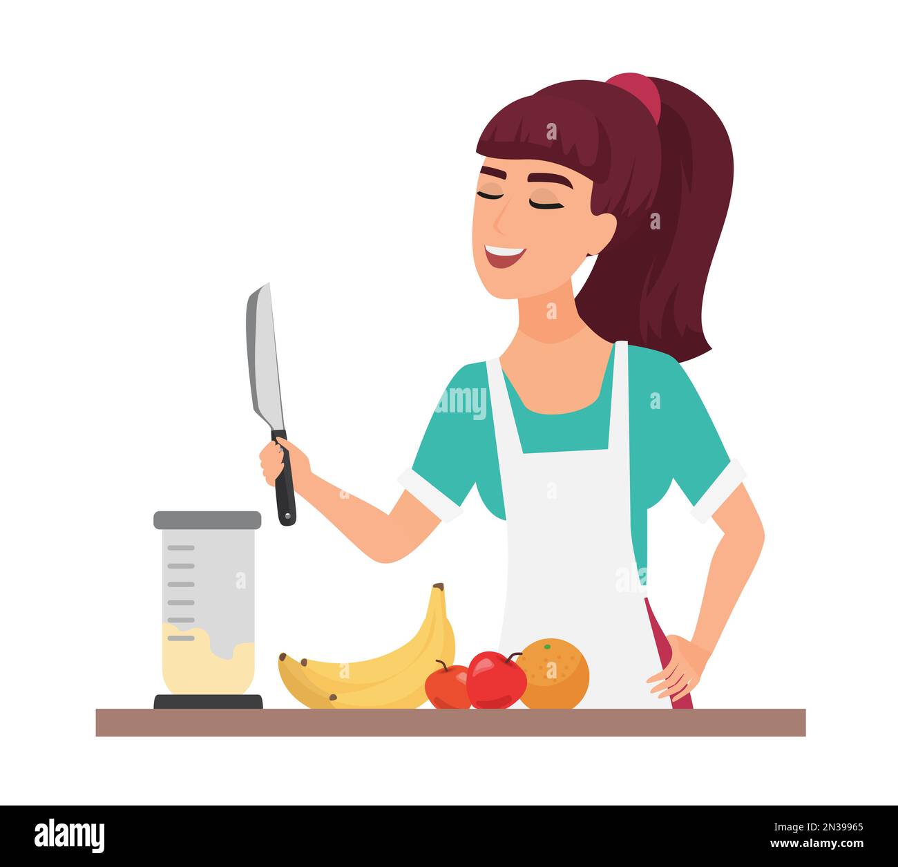 Happy girl preparing cocktail. Fruits cutting, healthy food blogger ...