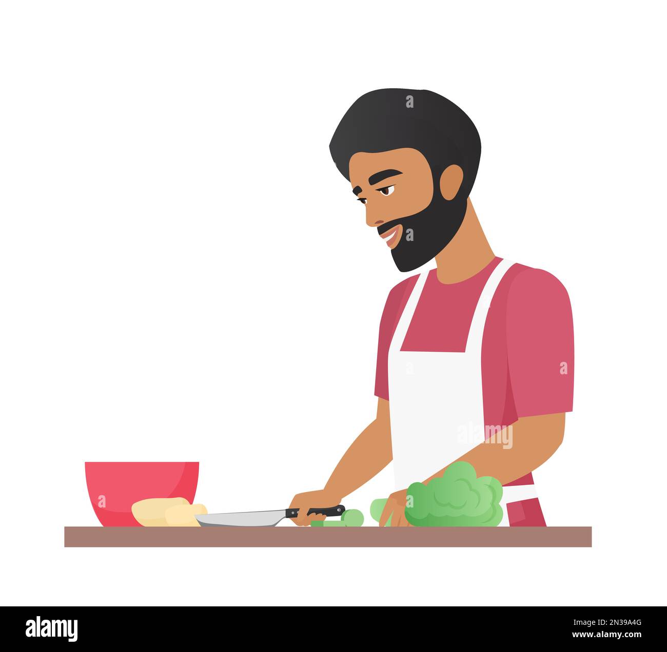 Young man cooking in kitchen. Culinary hobby, food blogger vector ...