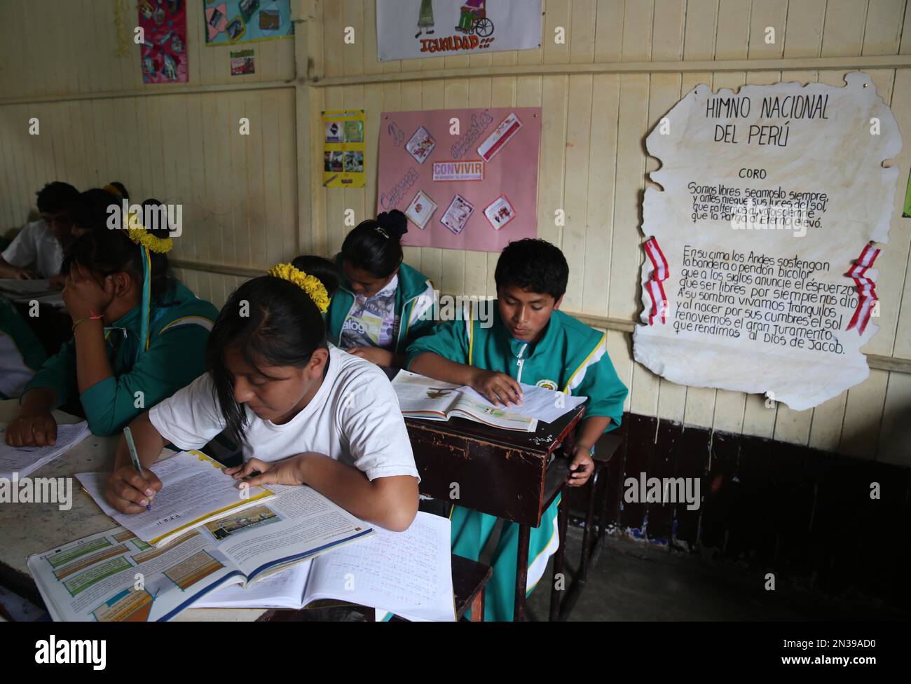 Students attend class inside the public school Sol Naciente on the ...