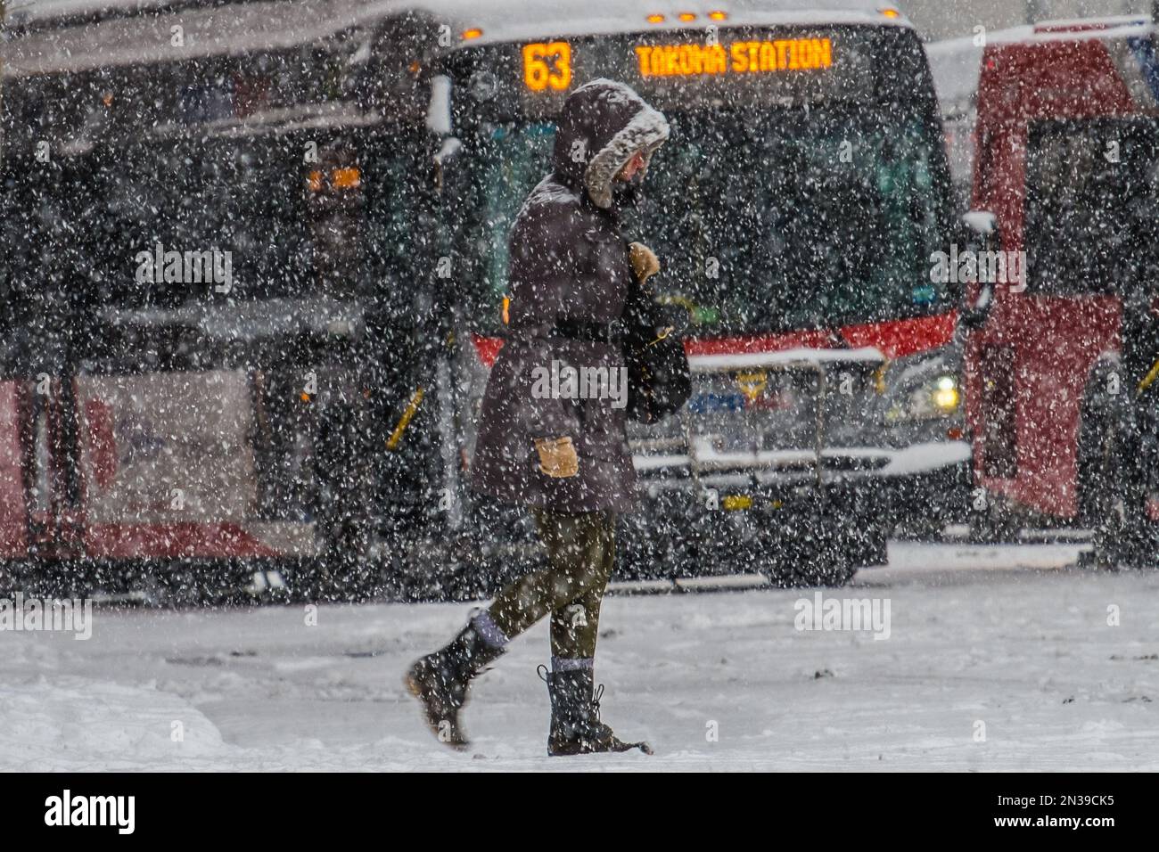 A pedestrian walks past stuck city buses during a heavy snowstorm in ...
