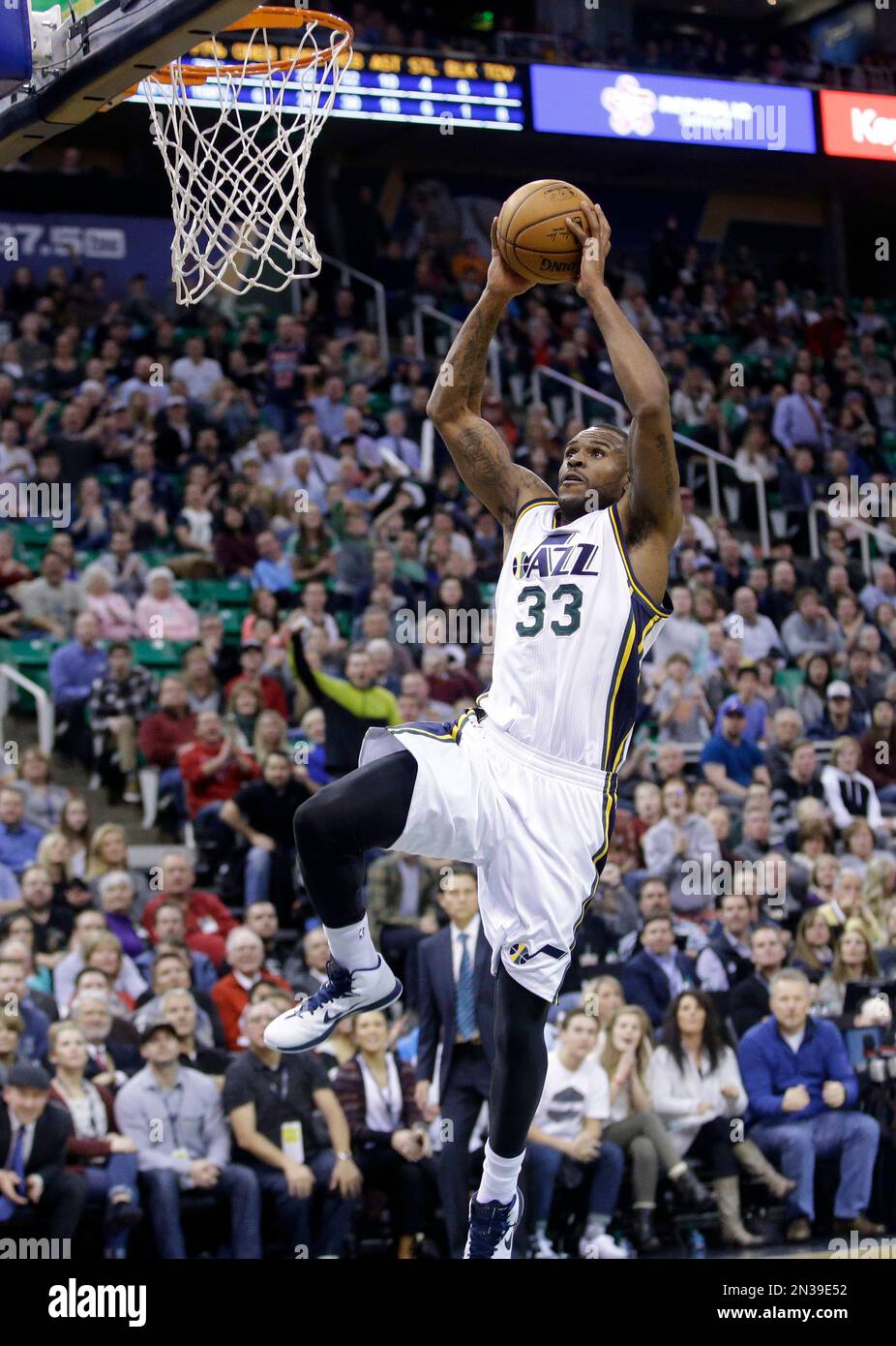 Utah Jazz forward Trevor Booker (33) goes to the basket in the second ...