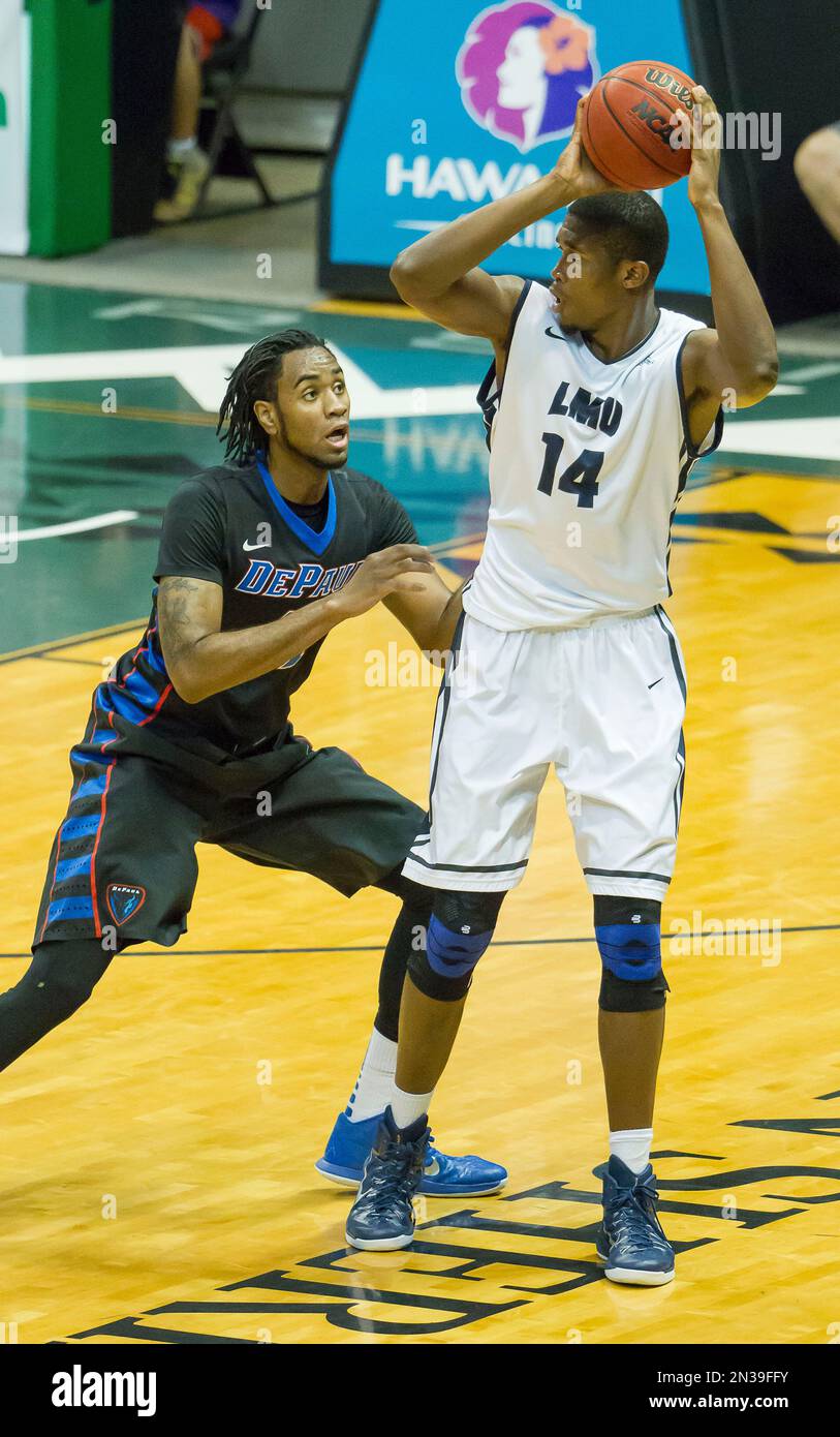 DePaul forward Forrest Robinson, left, guards Loyola Marymount forward ...