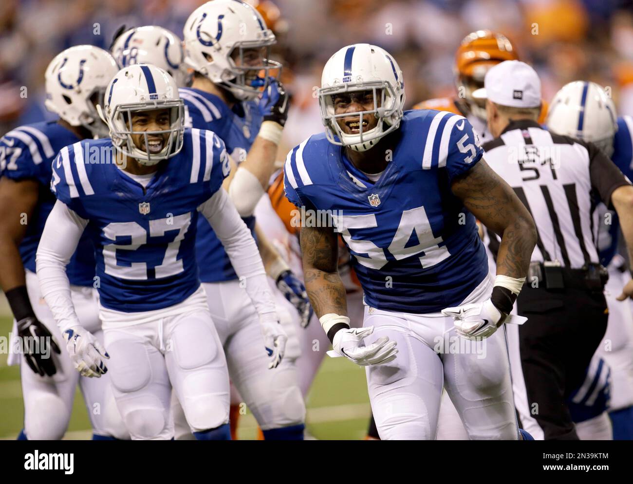 Indianapolis Colts linebacker Andrew Jackson (54) celebrates along side ...