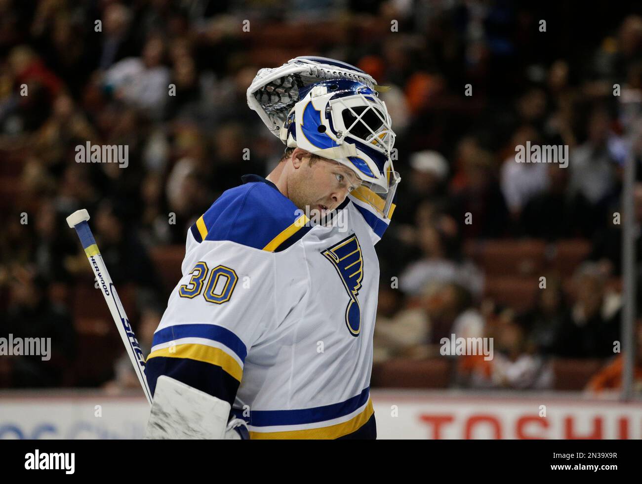 St. Louis Blues goalie Martin Brodeur wears his mask during the second ...