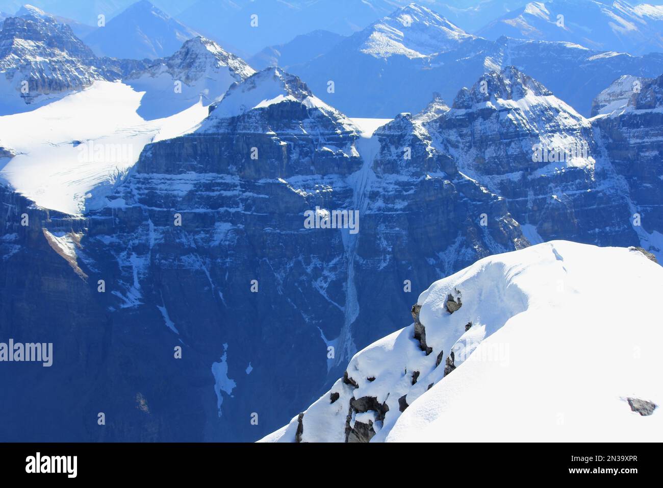 View at the summit of Mount Temple near Lake Louise at Banff National ...