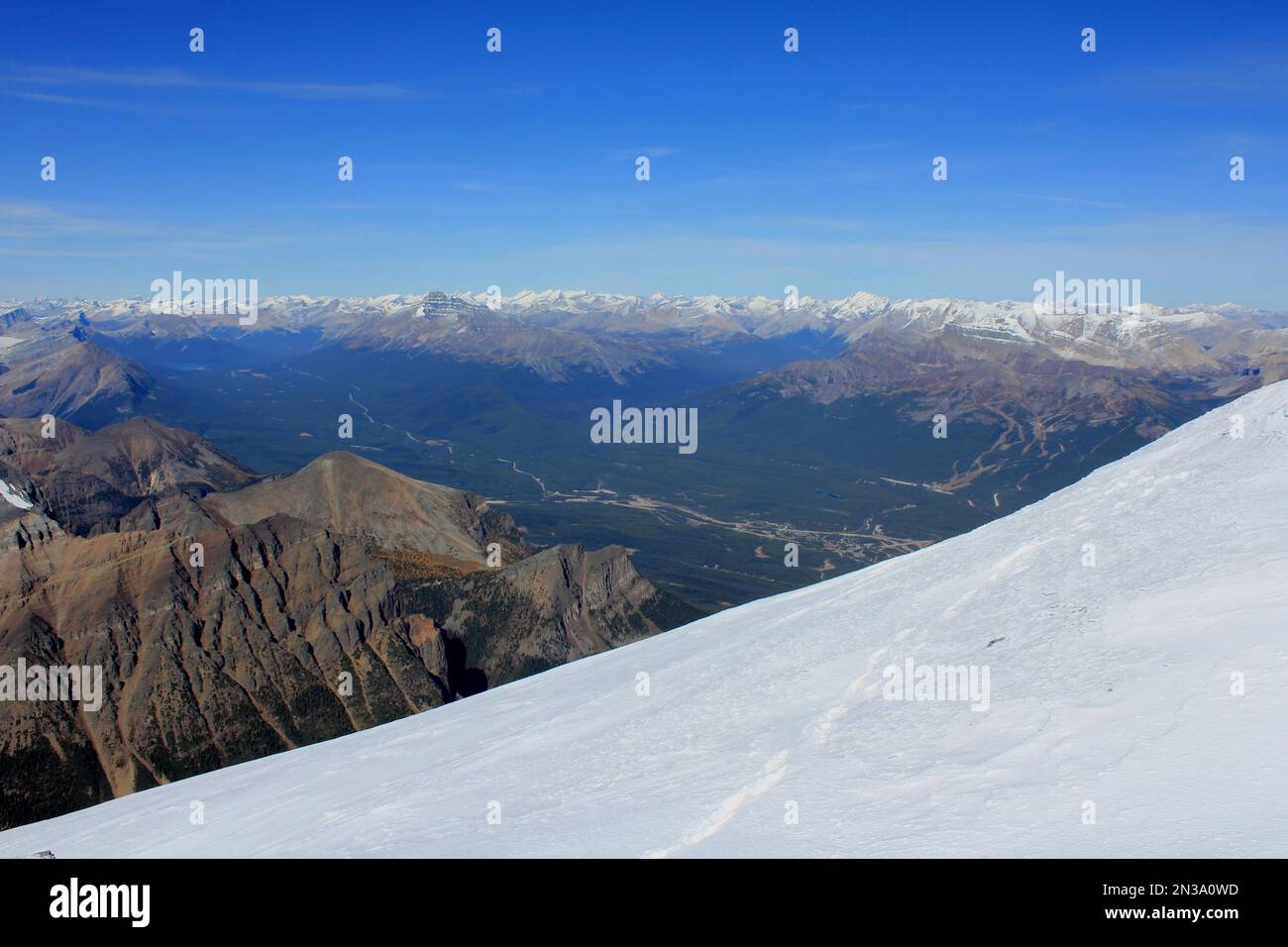 View at the summit of Mount Temple near Lake Louise at Banff National ...