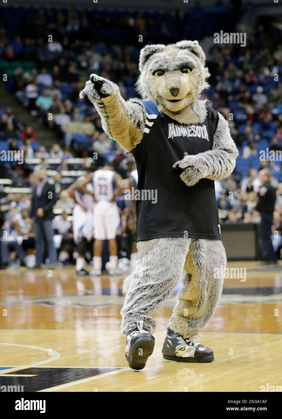 Minnesota Timberwolves mascot Crunch points at the crowd during the ...