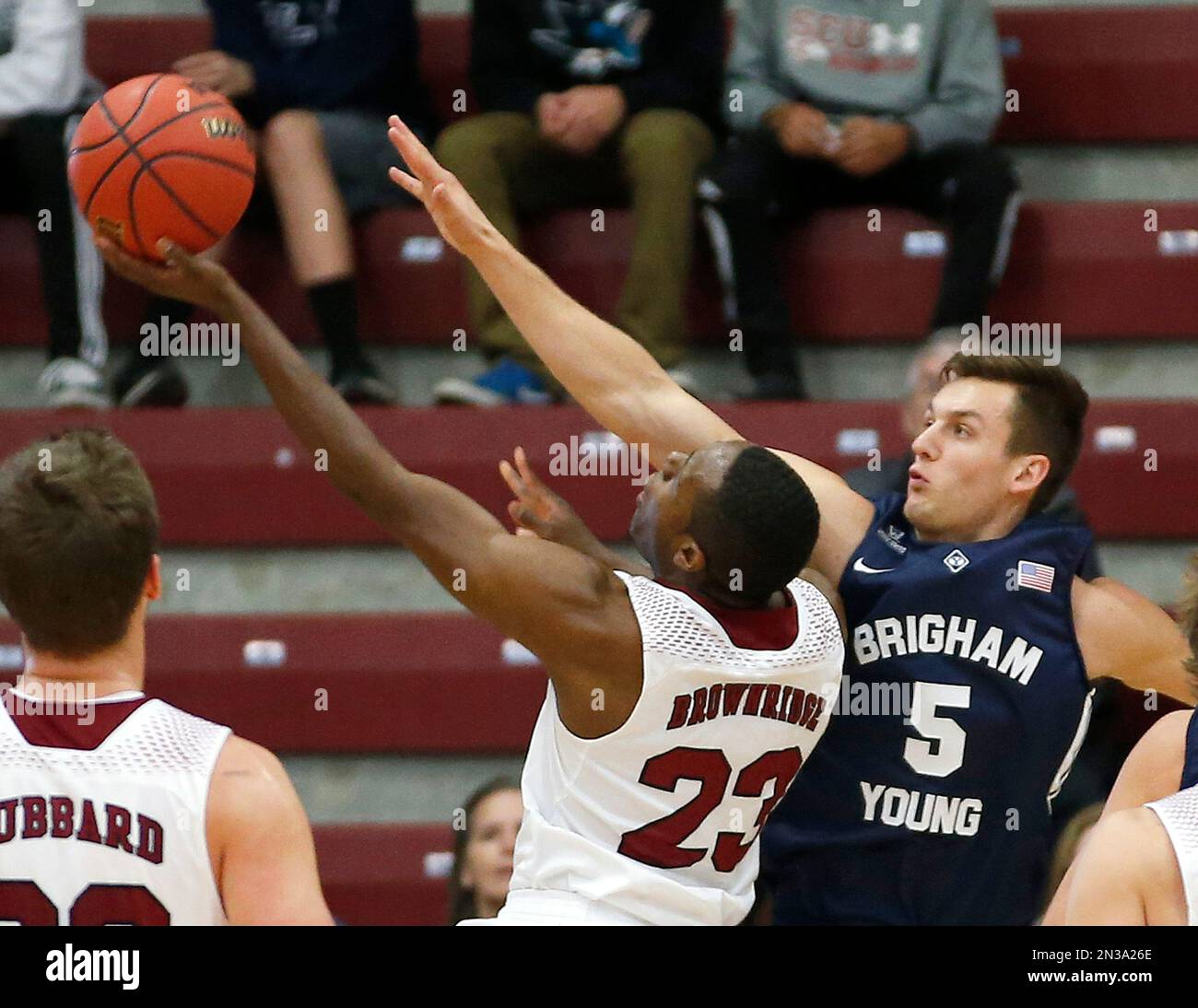Santa Clara guard Jared Brownridge (23) shoots against BYU guard Kyle ...