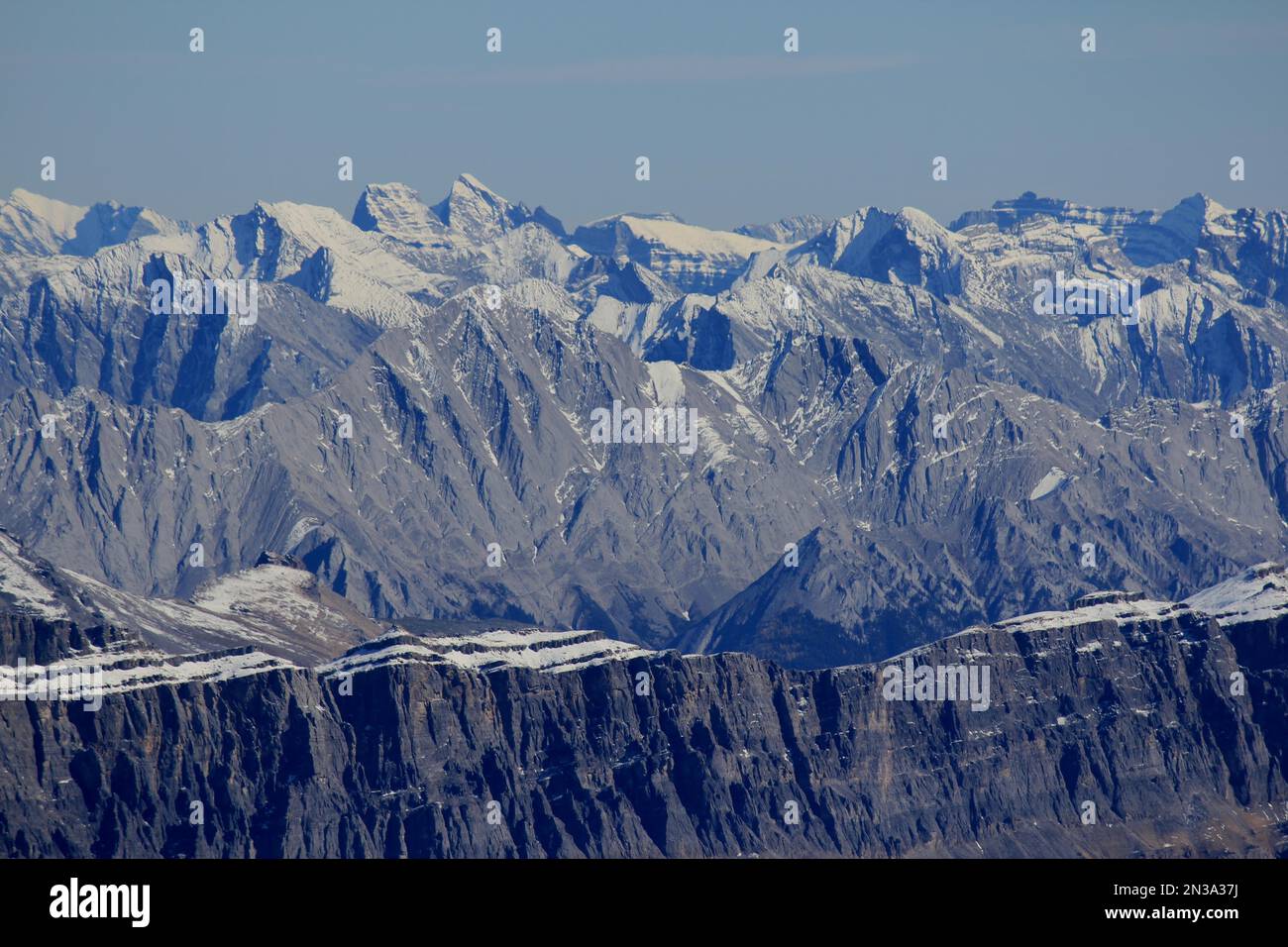View at the summit of Mount Temple near Lake Louise at Banff National ...