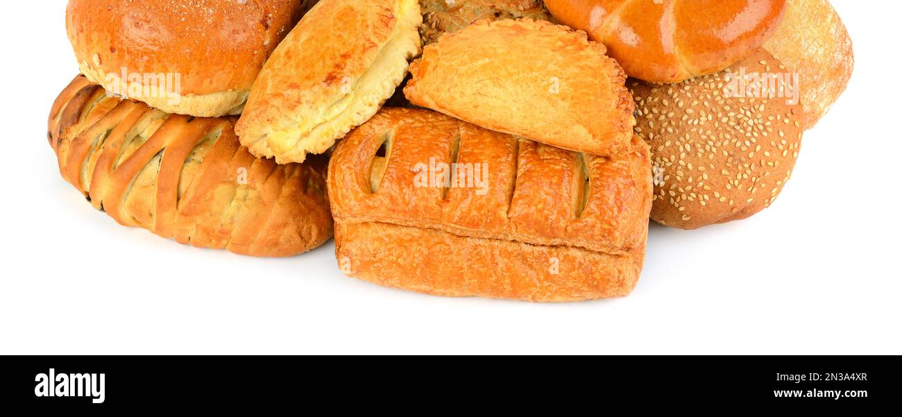 Various of bread and bakery products isolated on white background. Wide ...