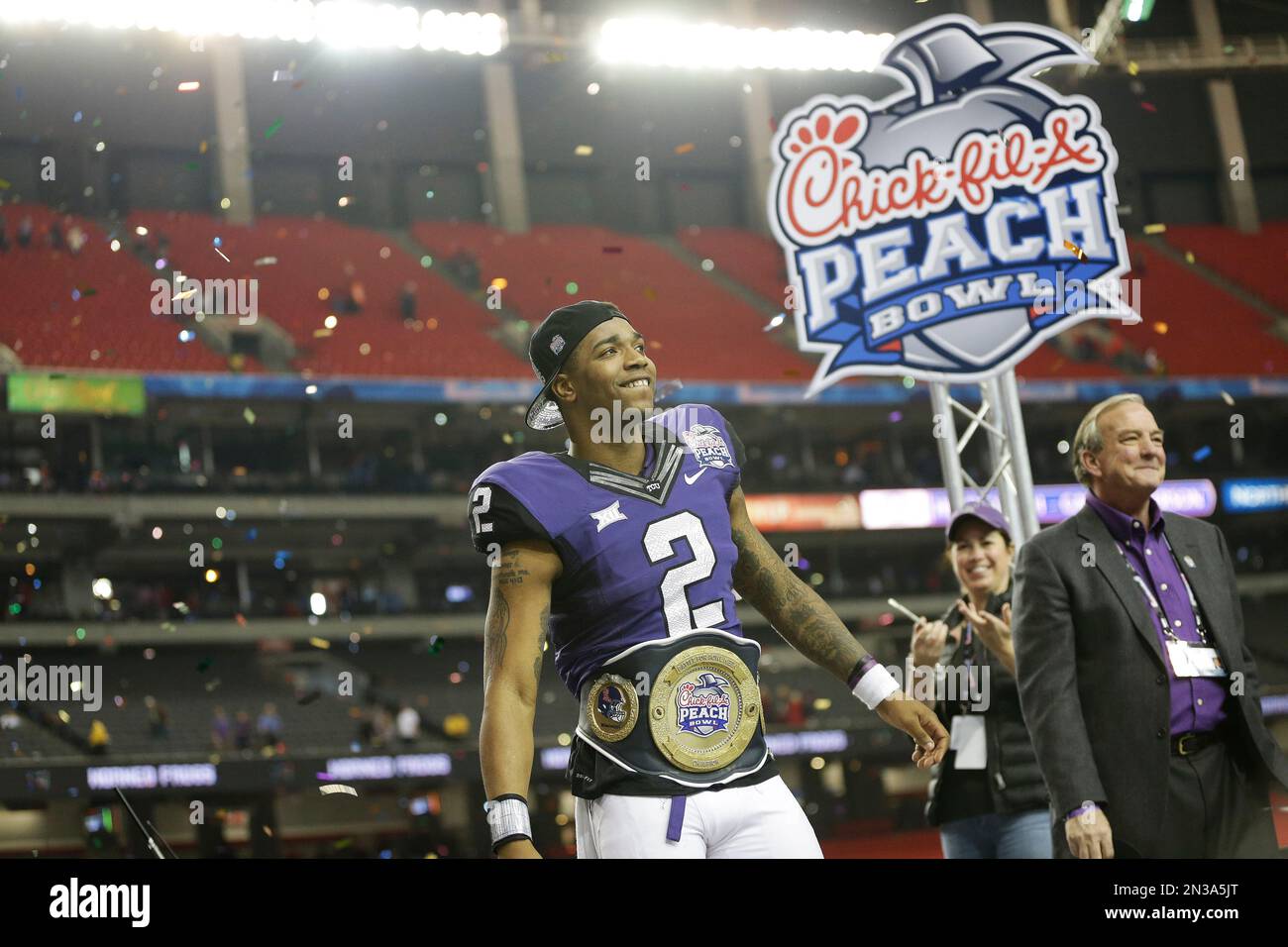TCU quarterback Trevone Boykin walks on stage after the second half of ...